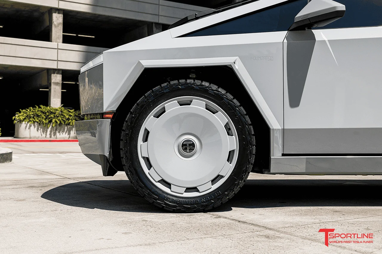 Triple Chalk Grey Cybertruck w/ wrapped bumpers and 24" Monoblock ...