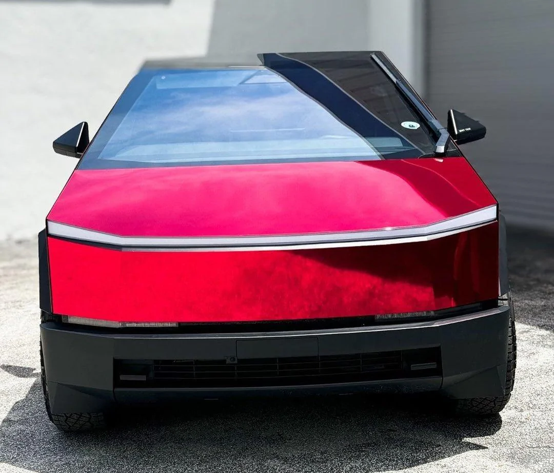 Red Chrome Vinyl Wrap Cybertruck is wild in motion | Tesla Cybertruck ...