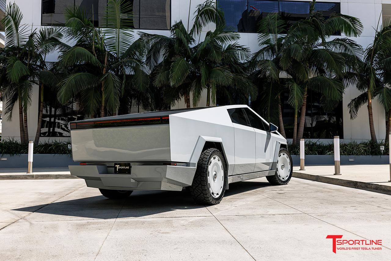 Triple Chalk Grey Cybertruck w/ wrapped bumpers and 24" Monoblock ...