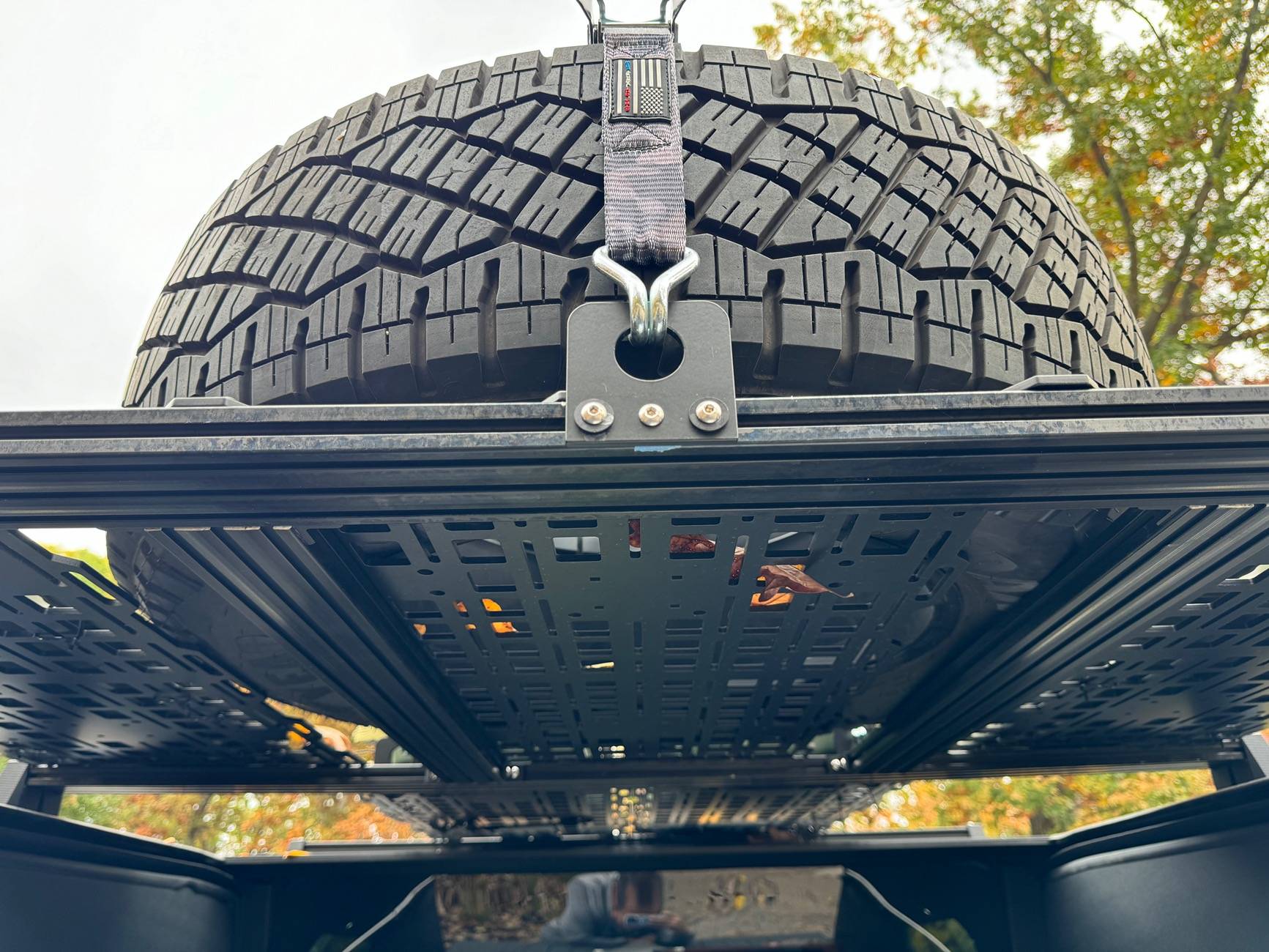 Customized roof rack installed with unique spare tire placement | Tesla ...