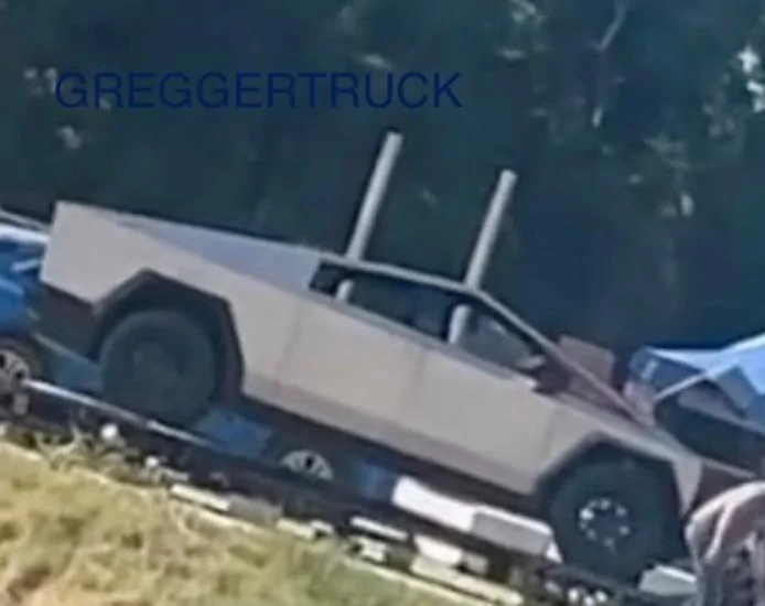 Cybertruck spotted with frunk open, revealing waterfall design! | Tesla ...