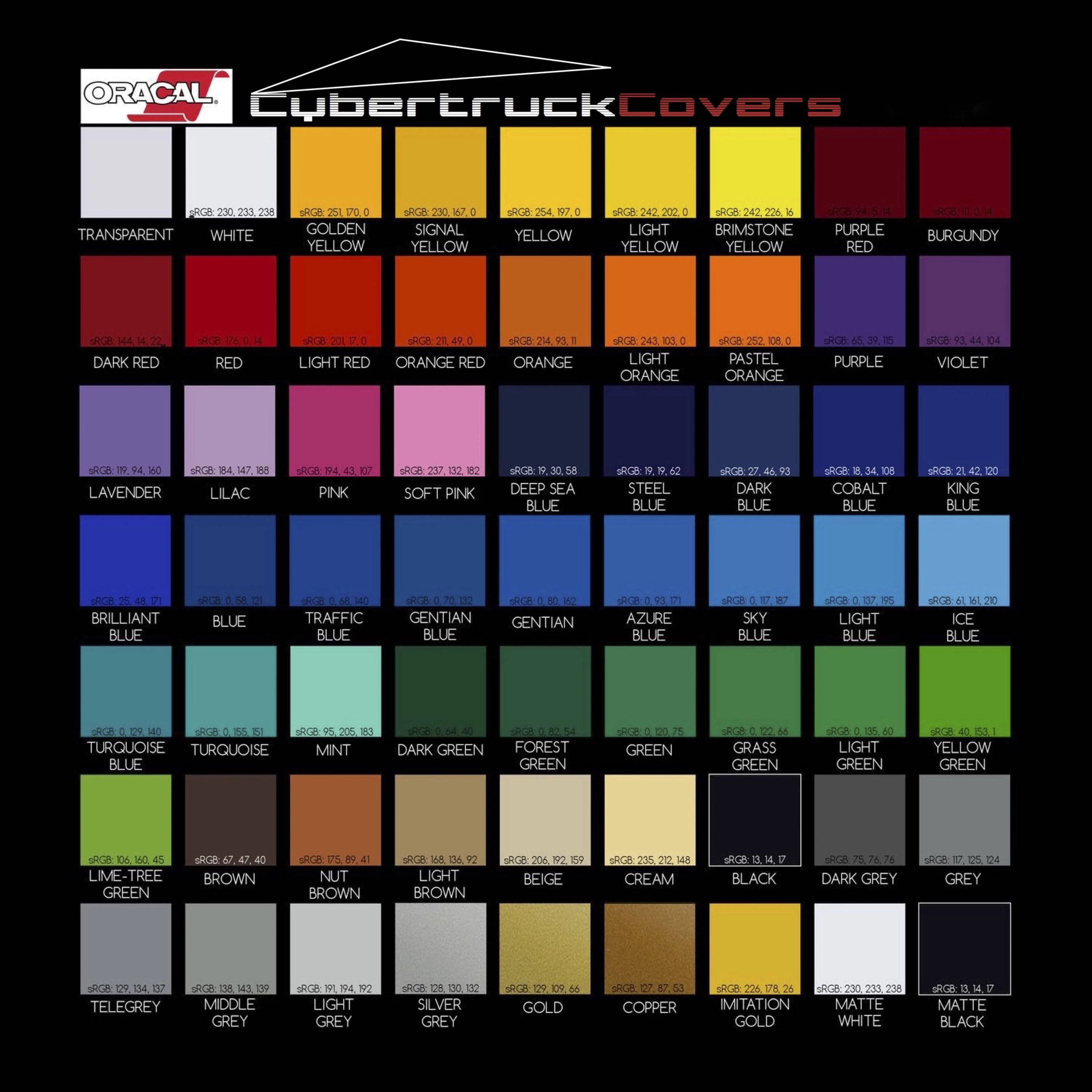 CybertruckCovers Magnetic Wrap Standard Colors Chart | Tesla Cybertruck ...