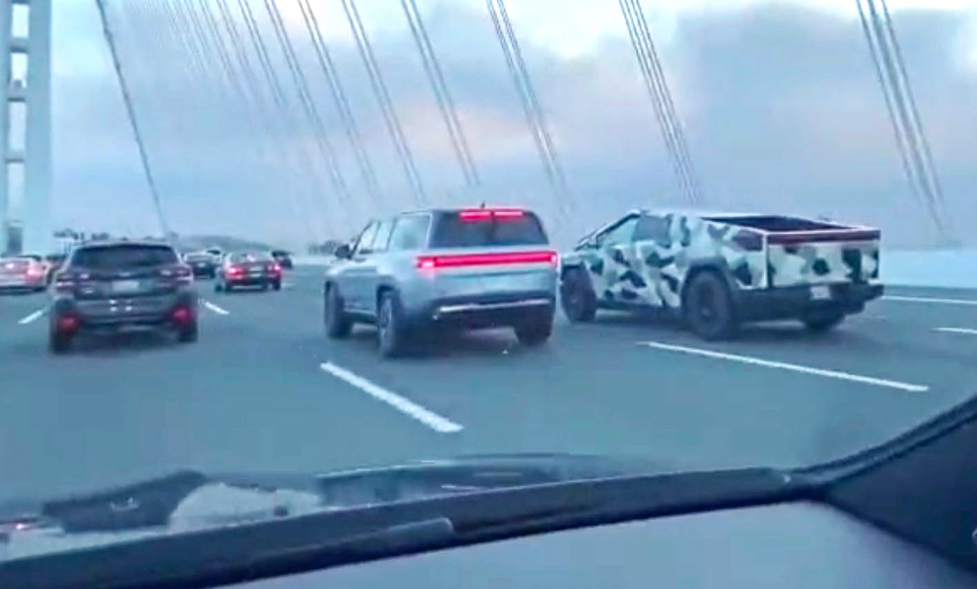 Camo Cybertruck looks awesome on bridge vs. regular cars + good Rivian ...