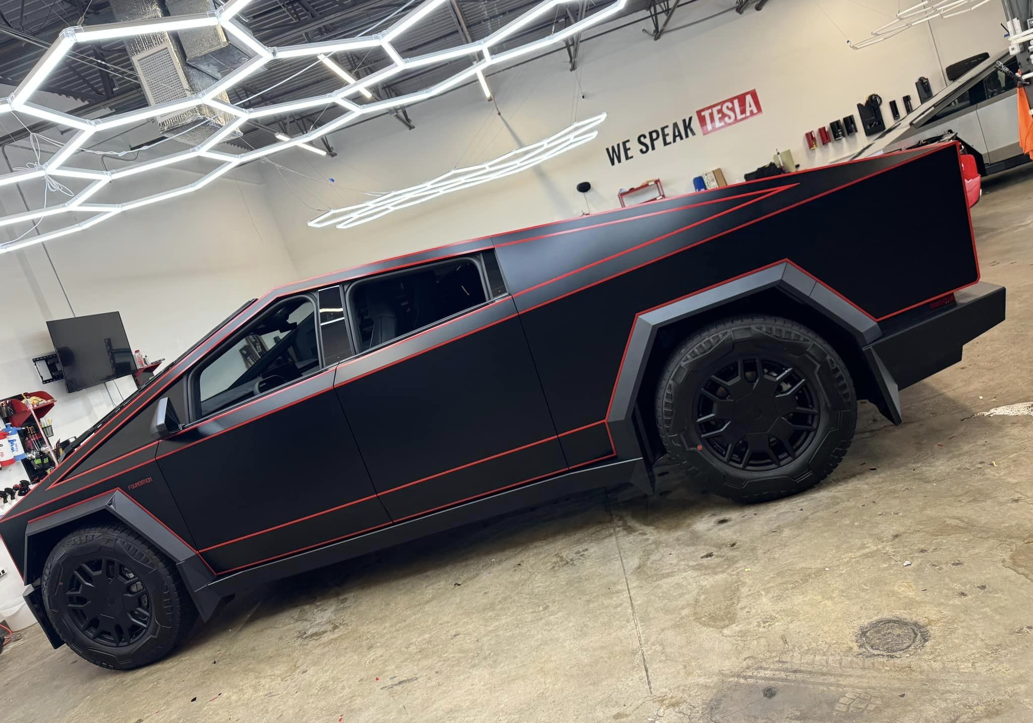 Matte Black PPF + Red Vinyl Pinstripes on TRON / Batmobile Cybertruck ...