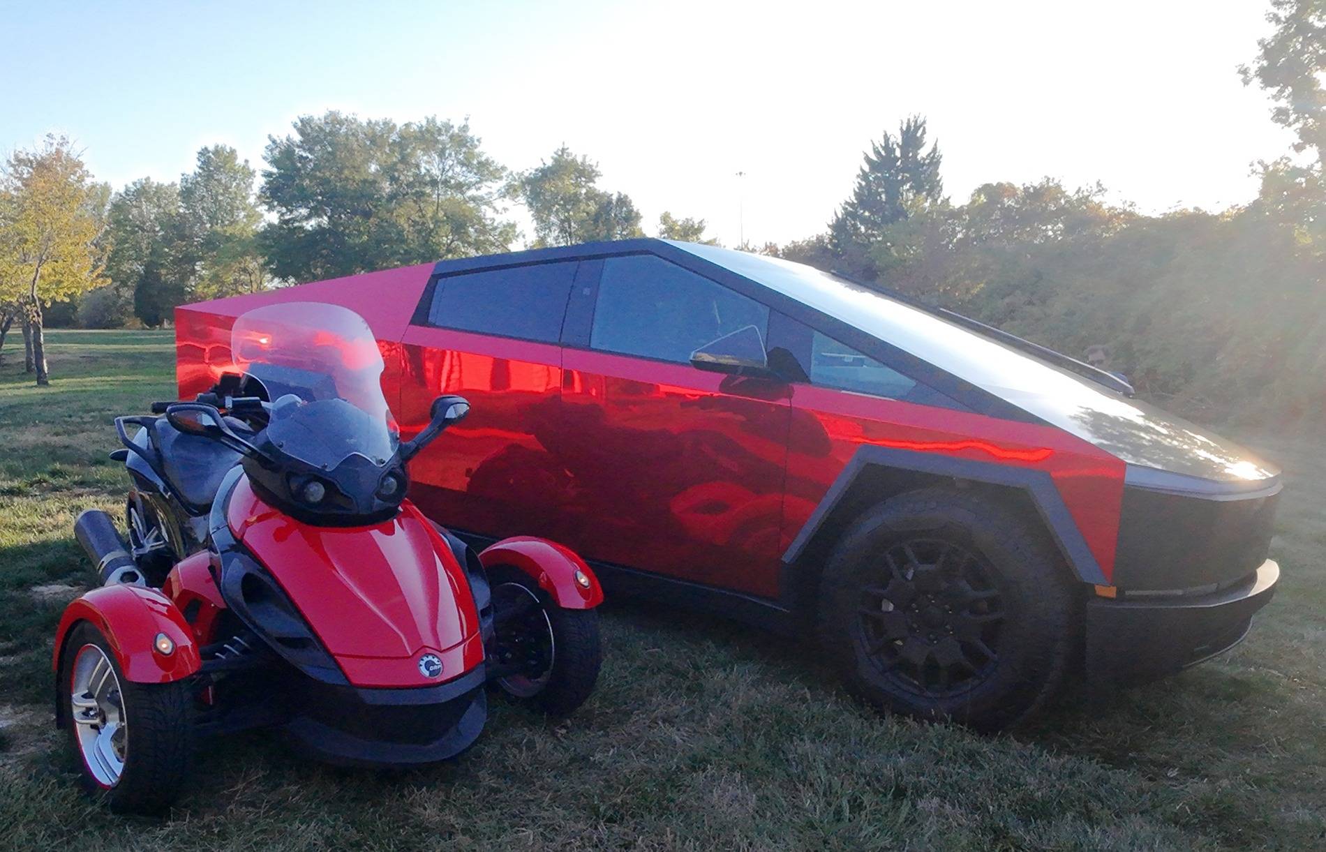 Cybertruck Wrapped: Dragon Blood Chrome, Carbon Fiber Frunk, Side ...
