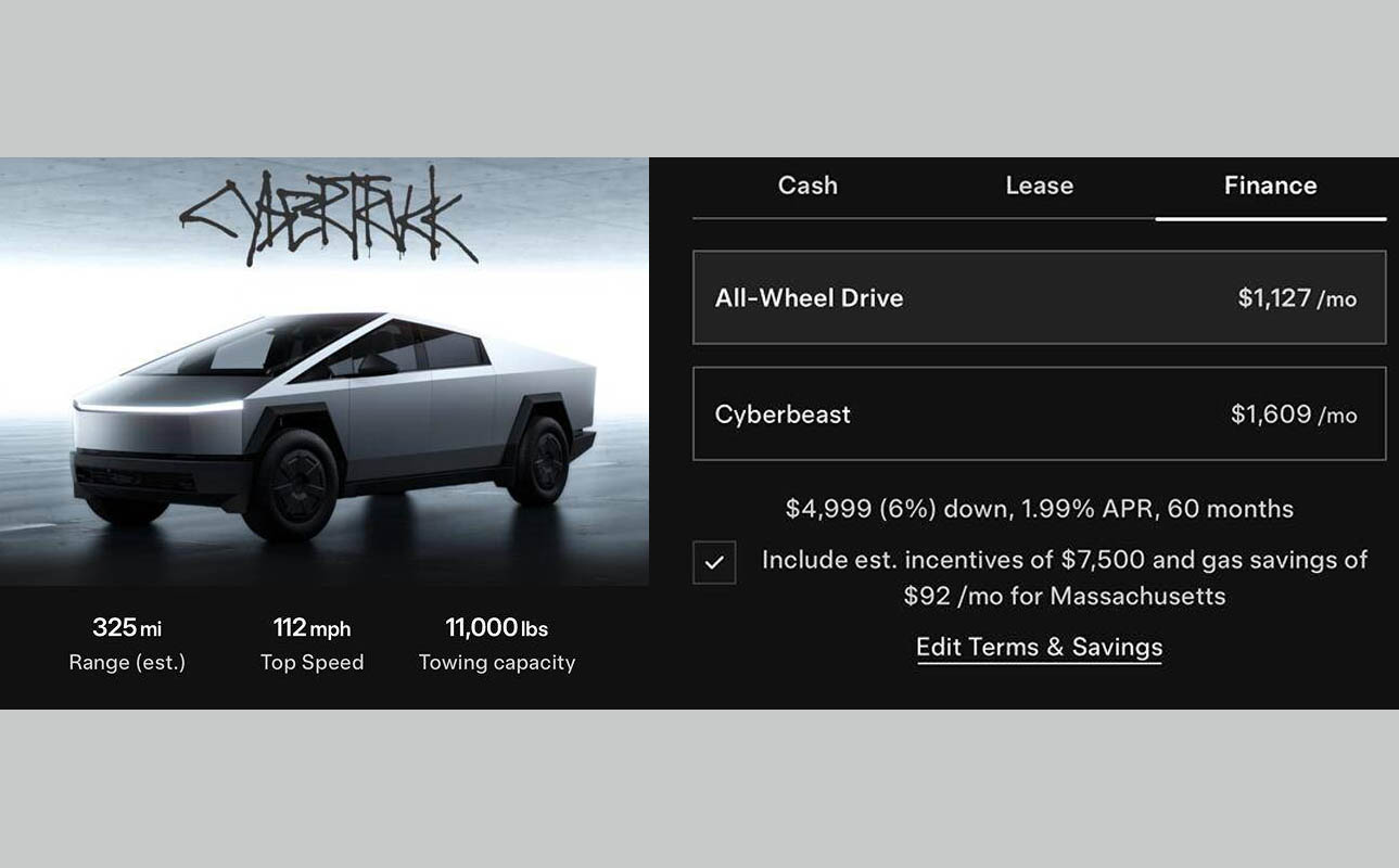 All Cybertrucks now 1.99% APR financing, 60 months (including ...