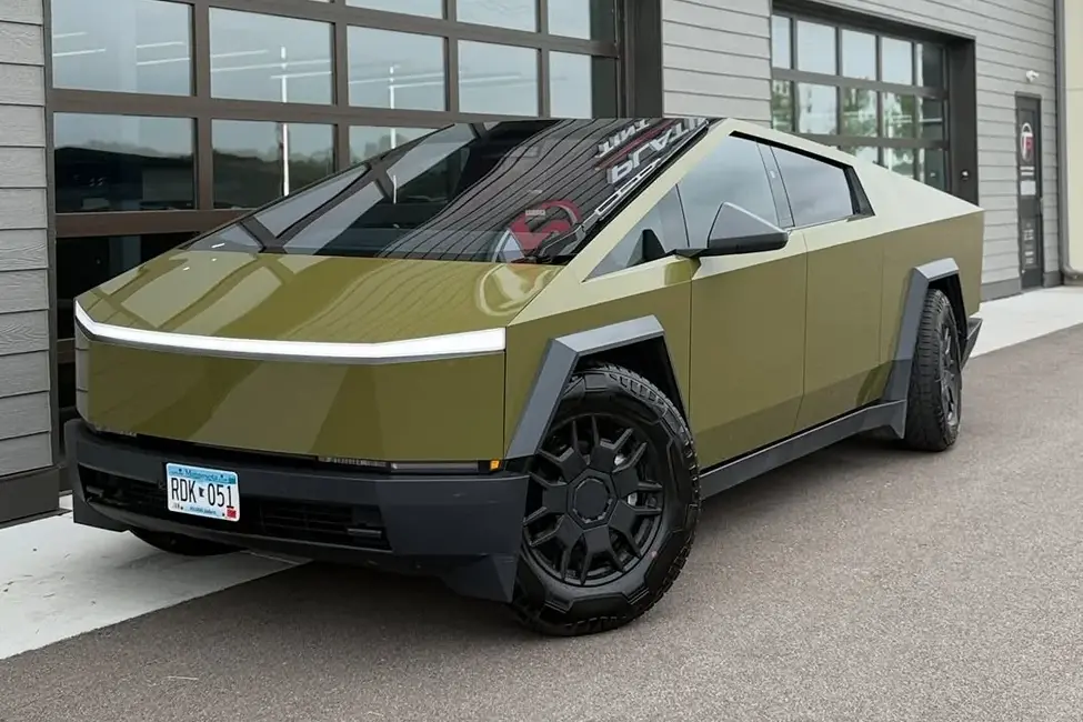 Pure PPF Sandstorm Green Cybertruck wrapped by TintPros | Tesla ...