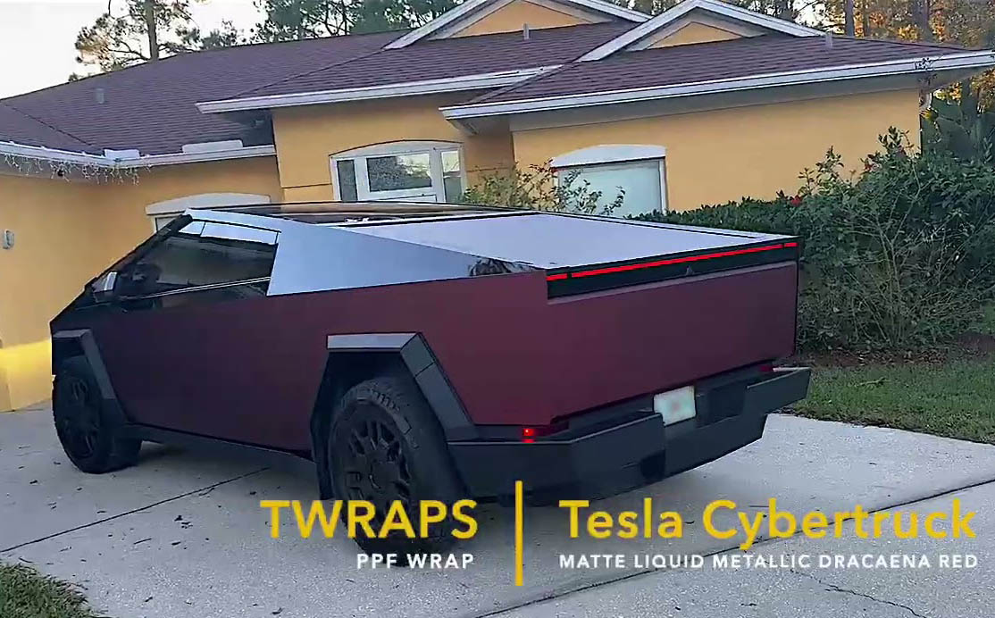 Cybertruck wrapped in TWRAPS Matte Liquid Metallic Dracaena Red PPF ...
